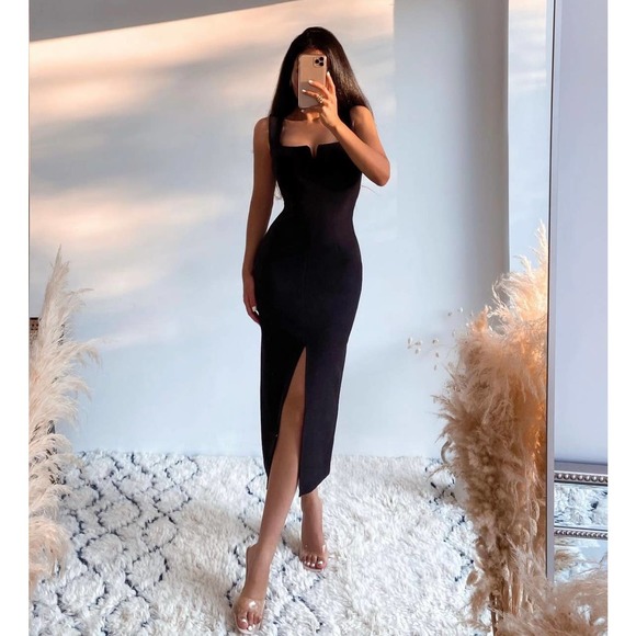 Zara | Dresses | Zara Square Neck Cut Out Midi Dress Black | Poshmark